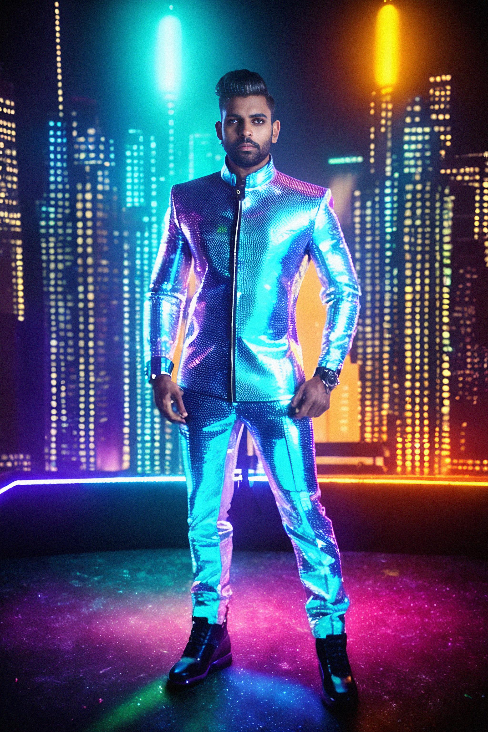 Man wearing holographic nightclub outfit in a cybernetic cityscape ...