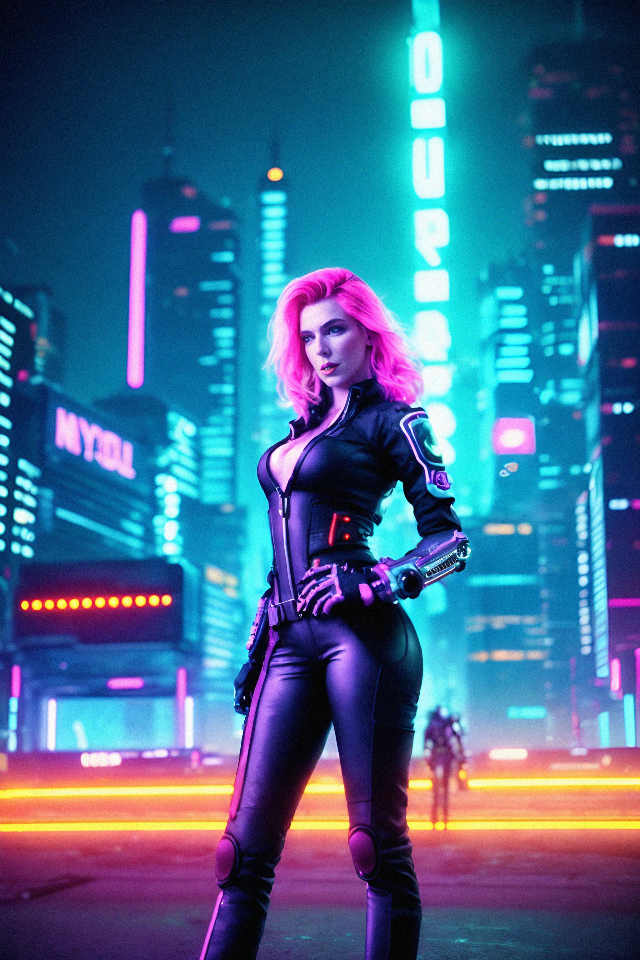 Cyberpunk woman with futuristic cyberpunk neon clothes standing in ...