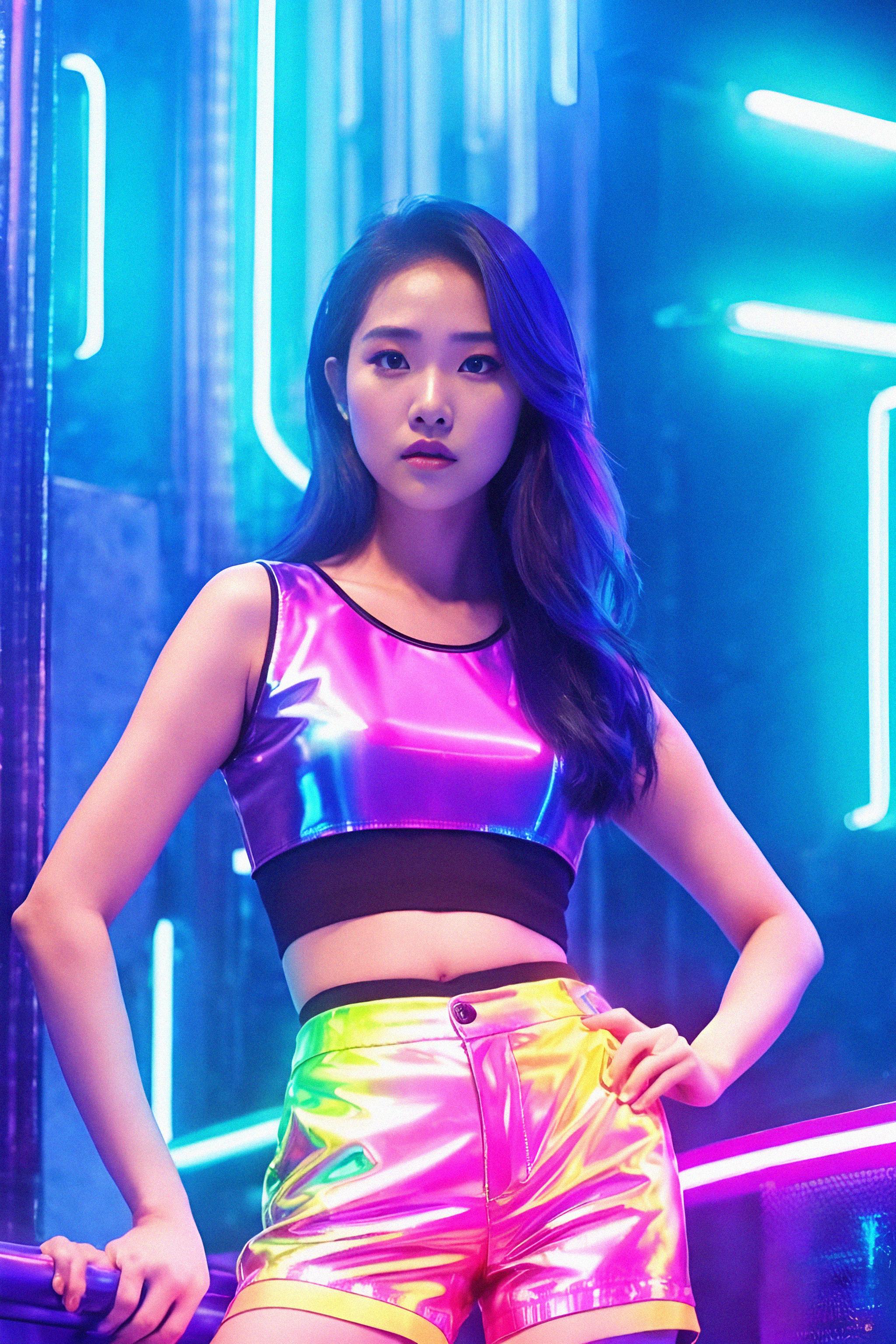 Woman wearing holographic crop top and digital shorts in a neon-lit ...
