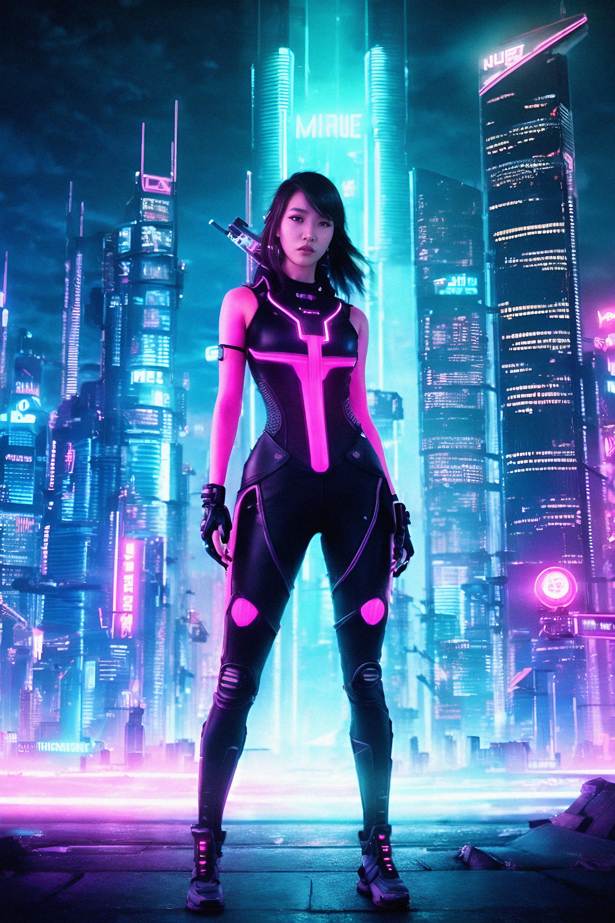 Cyberpunk woman with futuristic cyberpunk neon clothes standing in ...