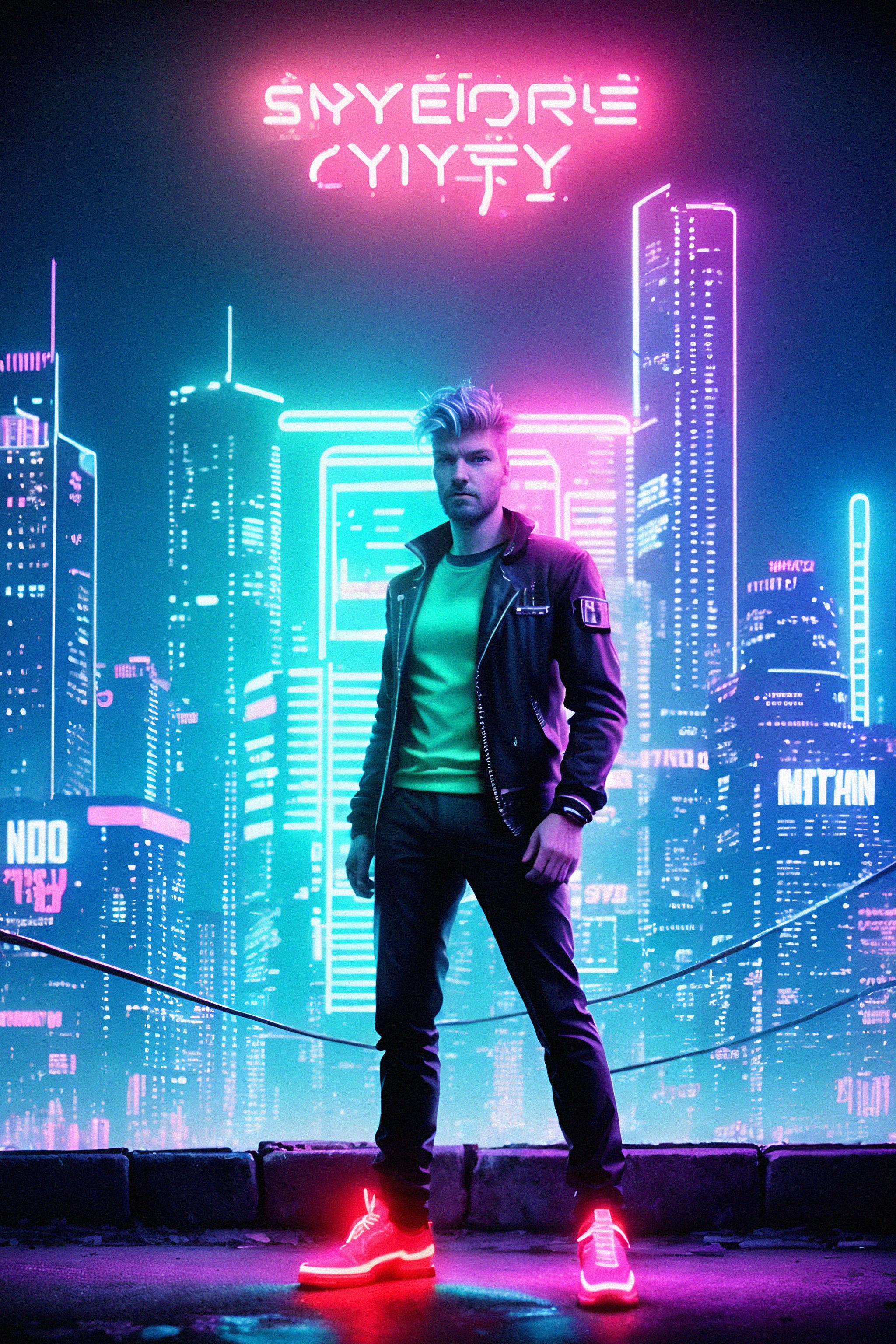 Cyberpunk man with futuristic cyberpunk neon clothes standing in ...