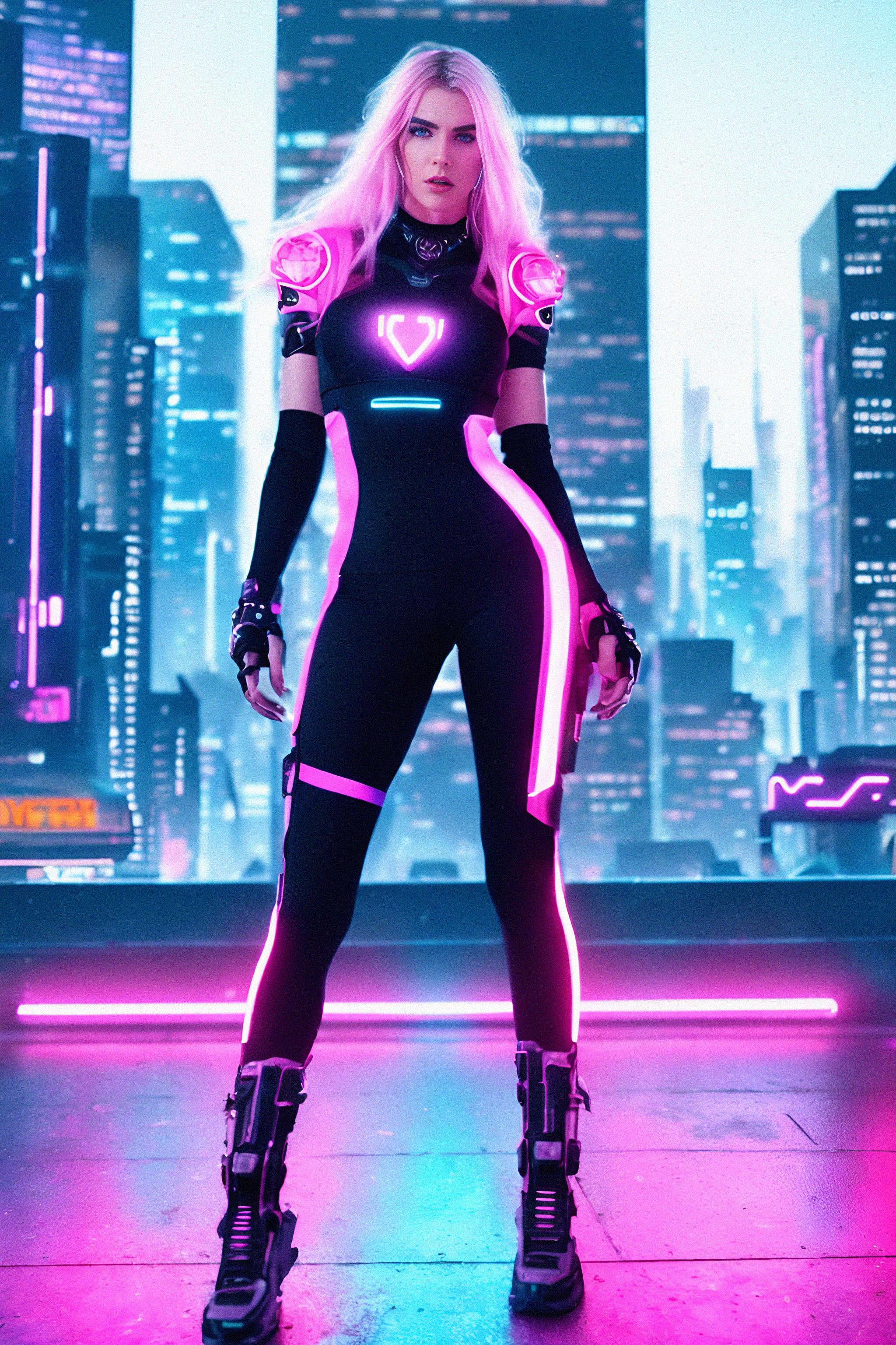 Cyberpunk woman with futuristic cyberpunk neon clothes standing in ...
