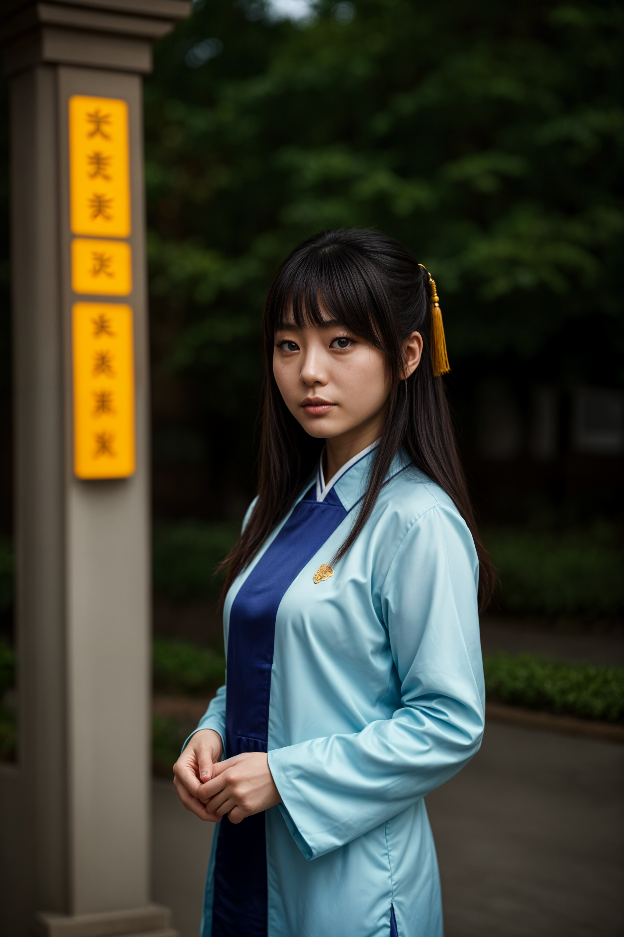 A graduate woman in their academic regalia, standing in front of their ...