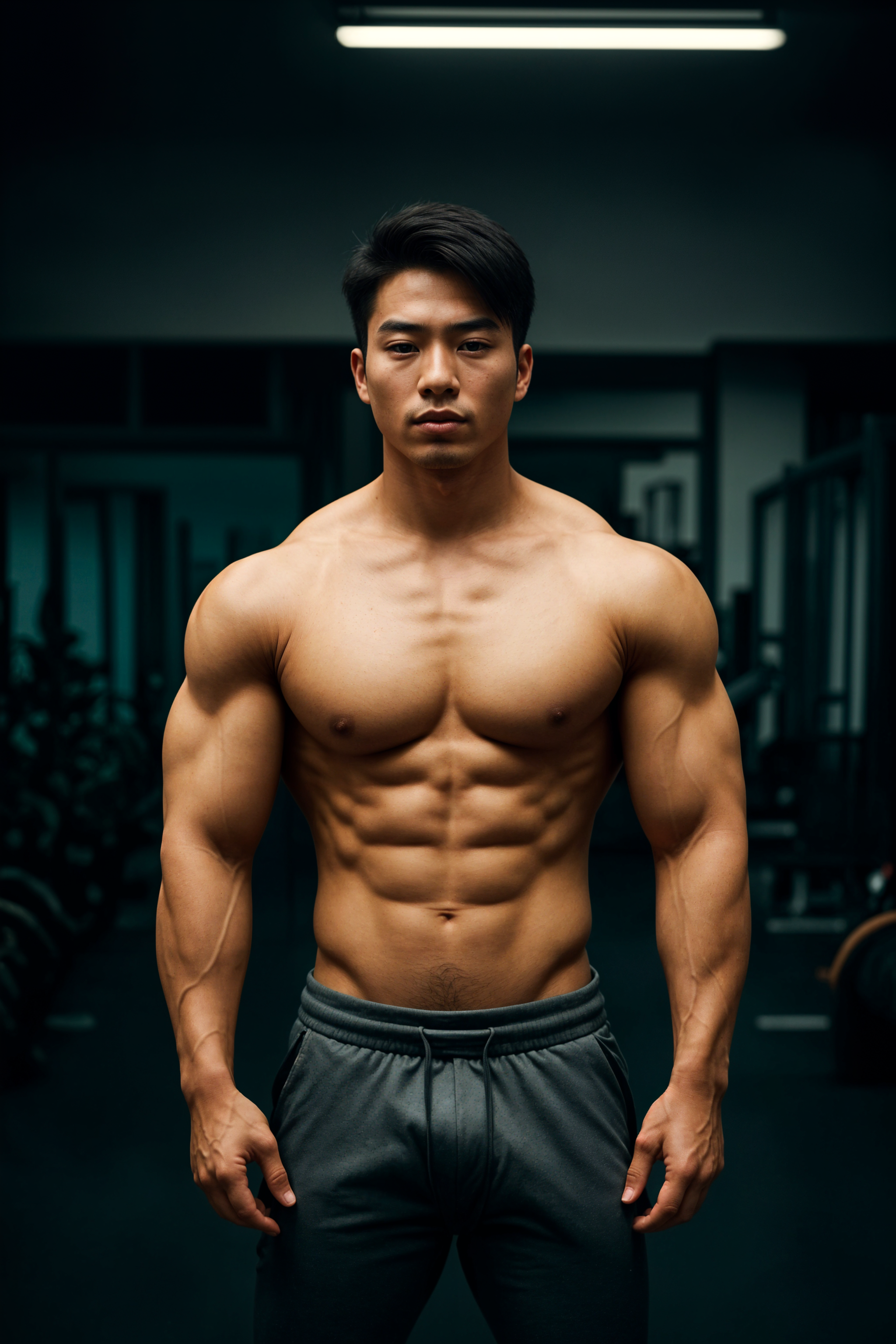 A fit man as fitness influencer wearing gym outfit in the bodybuilding ...
