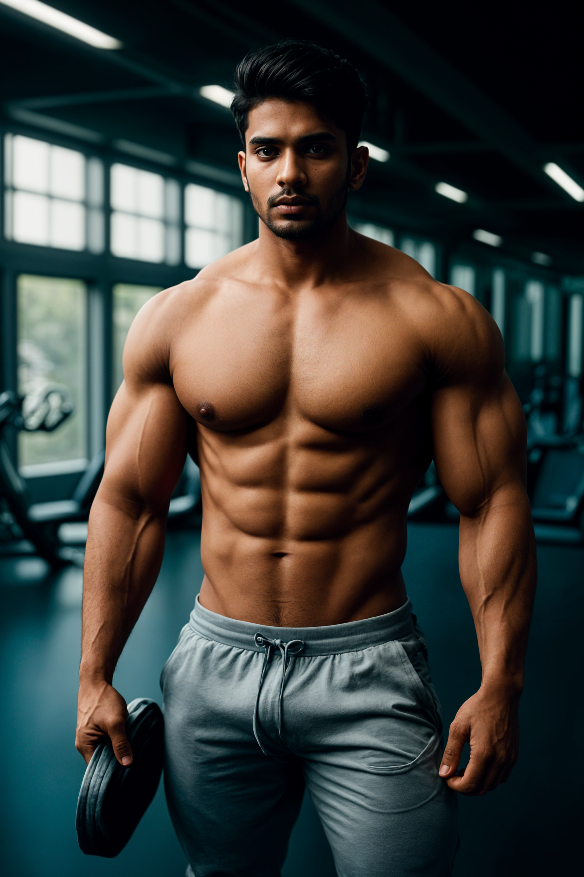 A fit man as fitness influencer wearing gym outfit in the bodybuilding ...