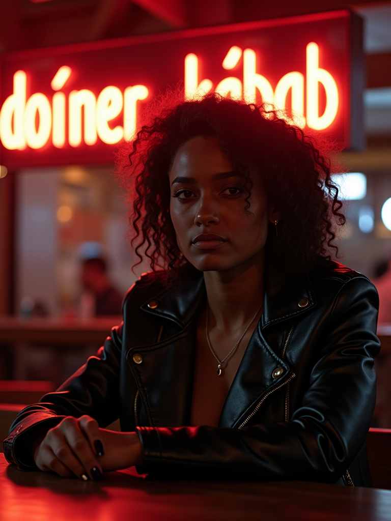 Woman sitting at an indoor Doner Kebab Takeaway Restaurant at night ...