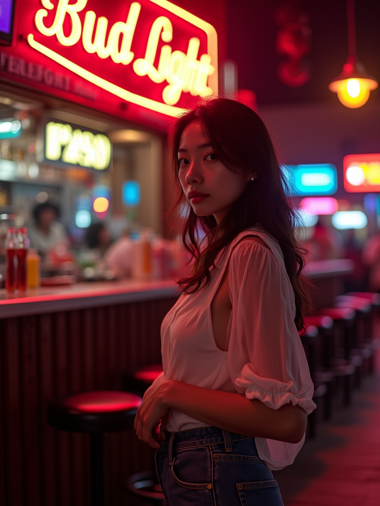 Woman exploring a lively dive bar in Las Vegas. at night. neon sign ...