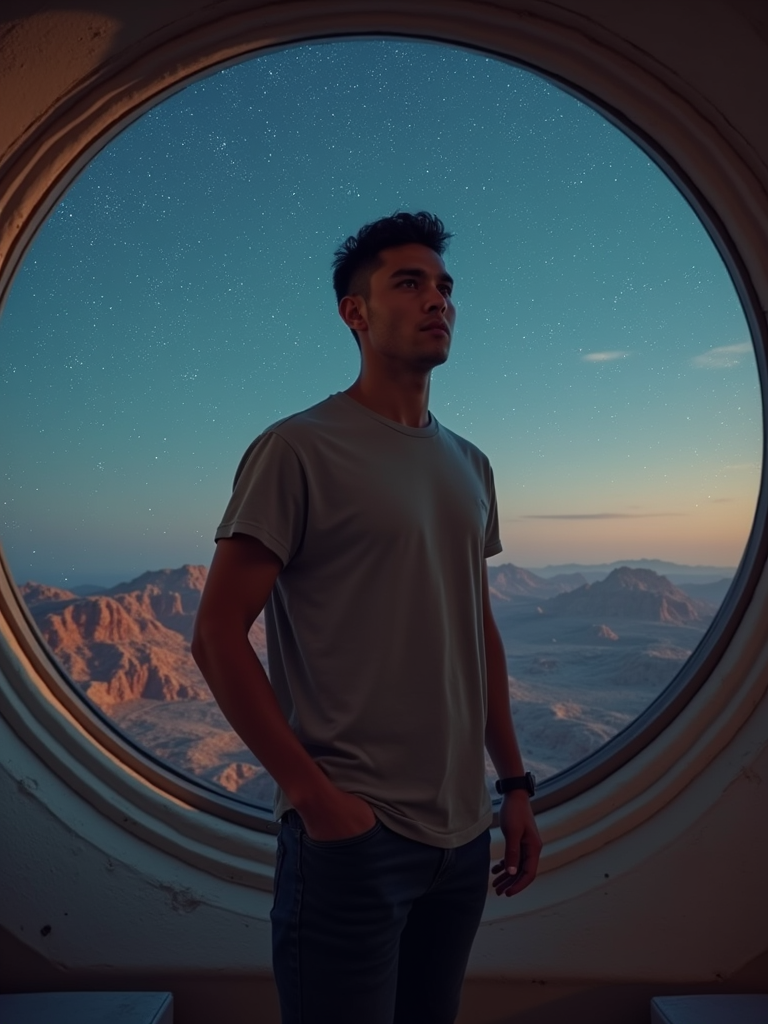 Man inside indoor Space Observatory on Mars. only stars visible in ...
