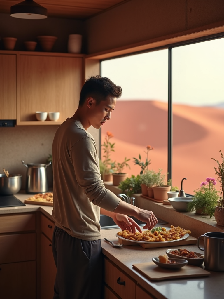 Man inside in an indoor kitchen preparing food with Mars red dunes in ...