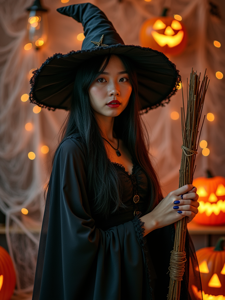 A woman dressed as a friendly witch, wearing a pointed hat and holding ...