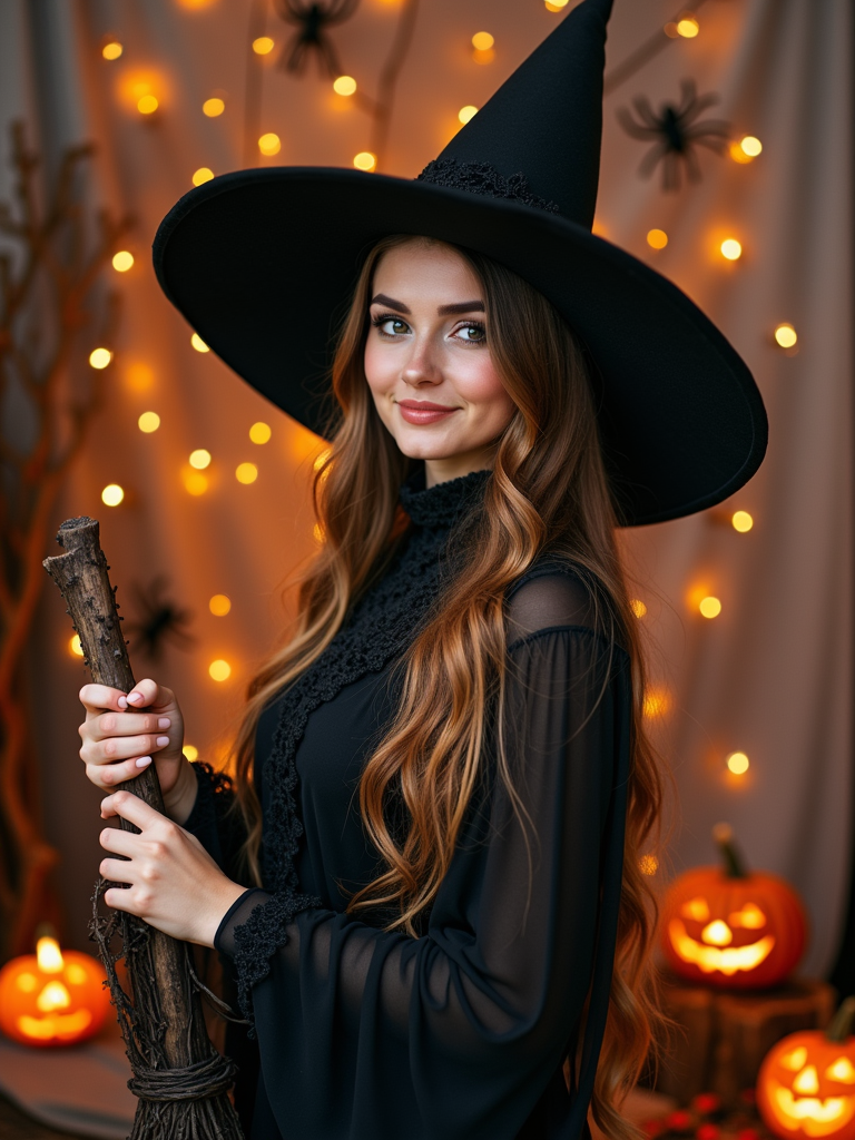 A woman dressed as a friendly witch, wearing a pointed hat and holding ...