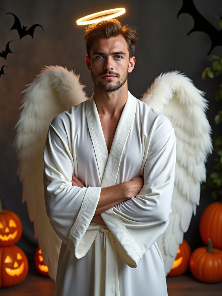 A man dressed as an angel, wearing a white robe with wings and a halo ...
