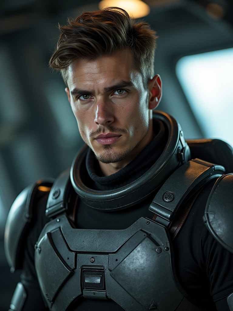 Man as a mech pilot, studio setting, wearing a rugged tactical suit ...