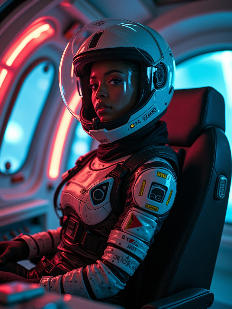 Woman as sci-fi pilot in a spaceship cockpit set, wearing a sleek space ...