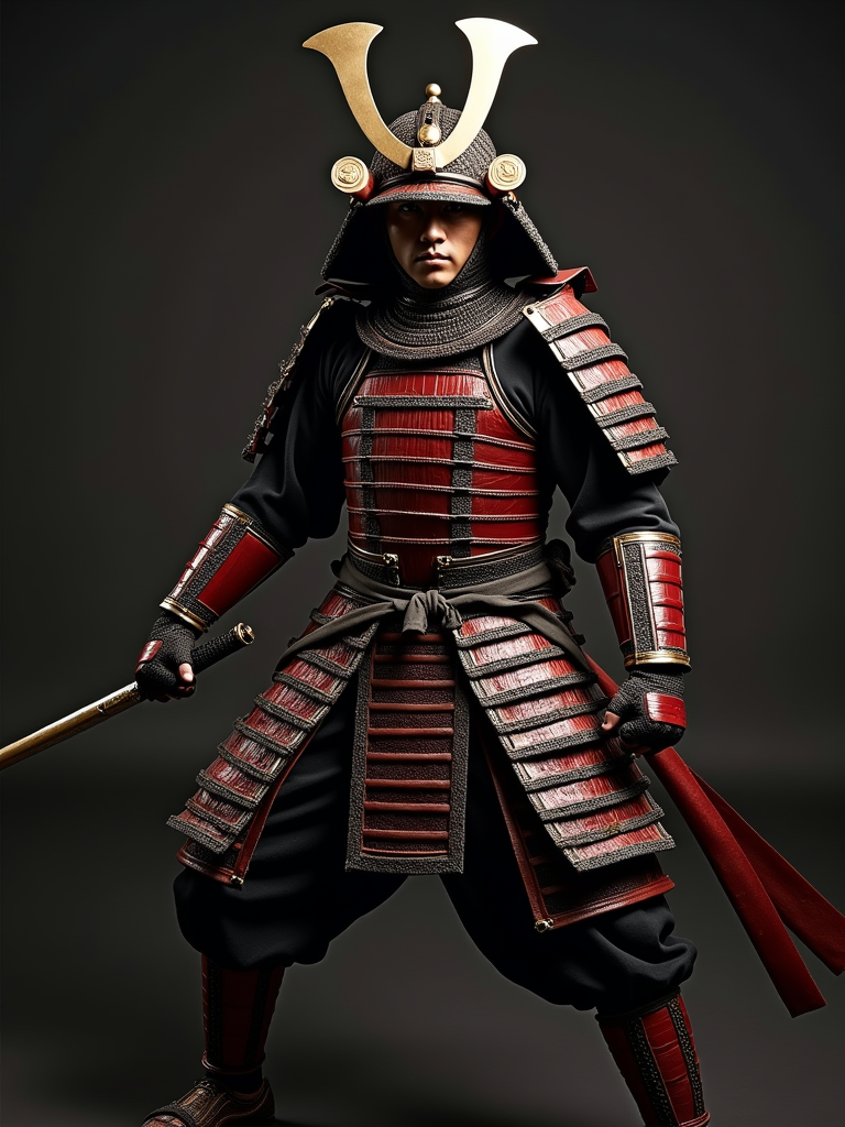 Cosplayer man in a dynamic action pose, wearing a samurai armor with ...
