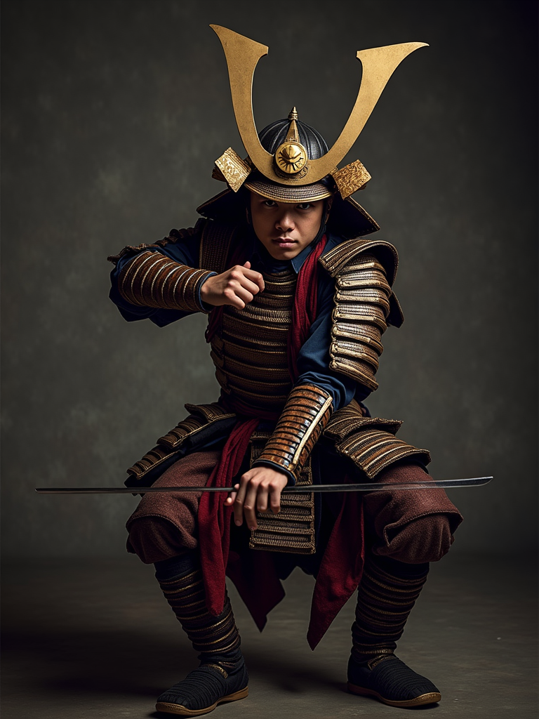 Cosplayer man in a dynamic action pose, wearing a samurai armor with ...