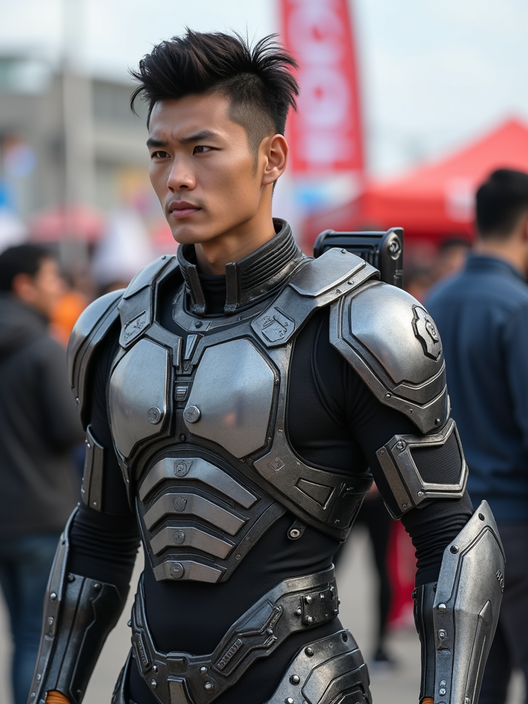 Man as cosplayer at an outdoor convention, wearing a futuristic armored ...