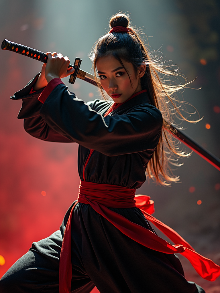 Cosplayer woman in a dynamic action pose, wearing a ninja outfit with a ...