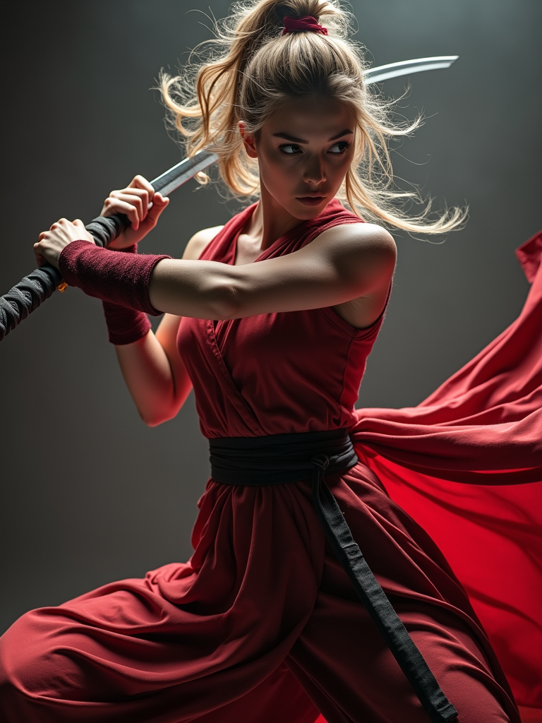 Cosplayer woman in a dynamic action pose, wearing a ninja outfit with a ...