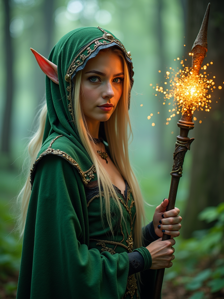 Cosplayer woman in a fantasy forest setting, wearing a mystical elf ...