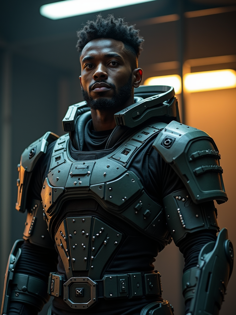 Man as a mech pilot, studio setting, wearing a rugged tactical suit ...