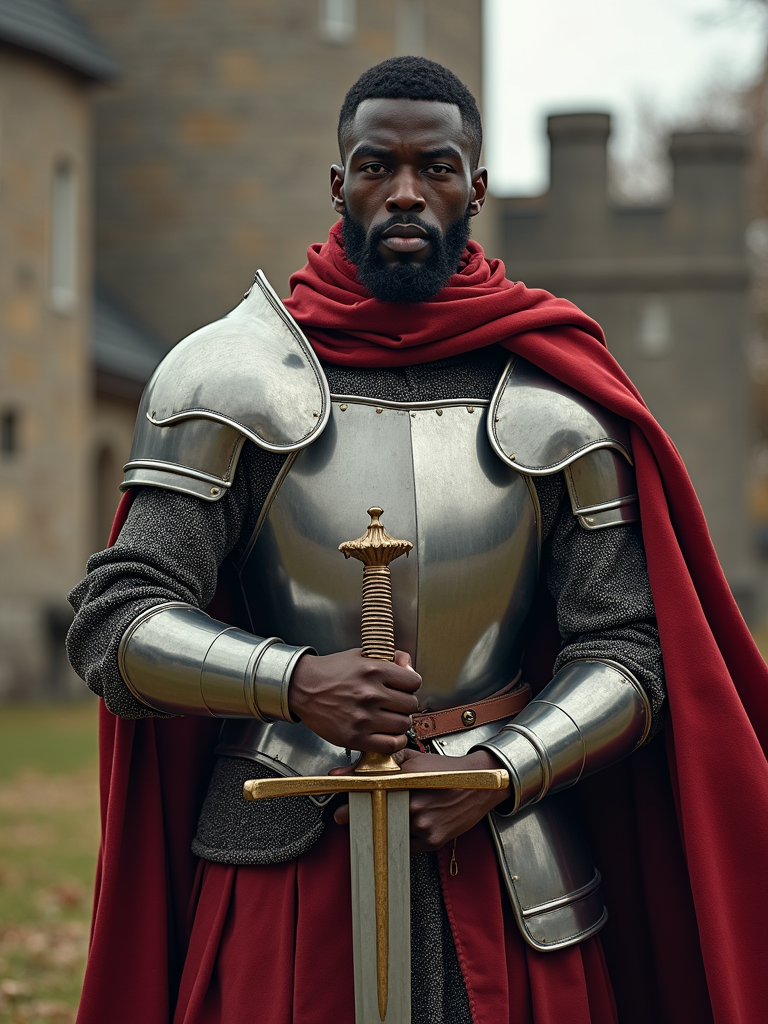 Man as a historical character, castle backdrop, wearing a knight’s ...