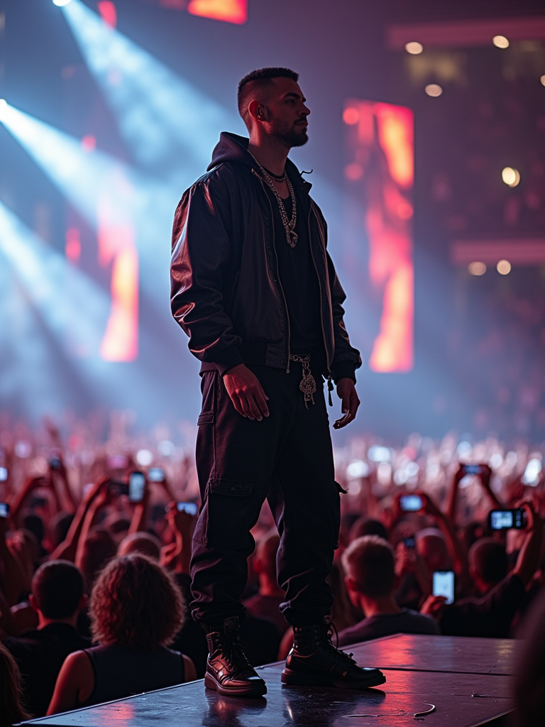 A famous rapper performing at a packed stadium concert, standing on a ...