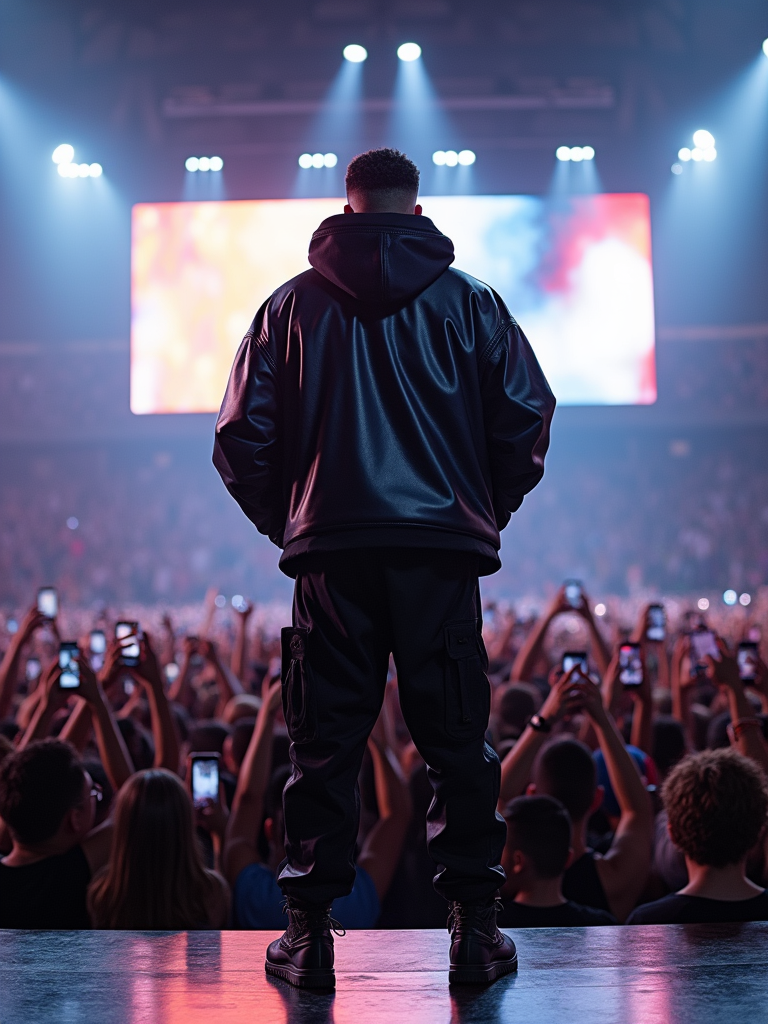 A famous rapper performing at a packed stadium concert, standing on a ...