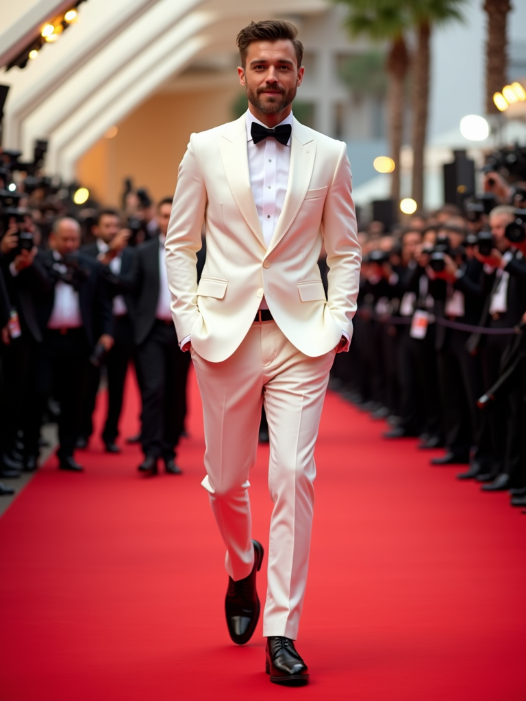 Full-body shot of a famous actor at the Cannes Film Festival, elegantly ...