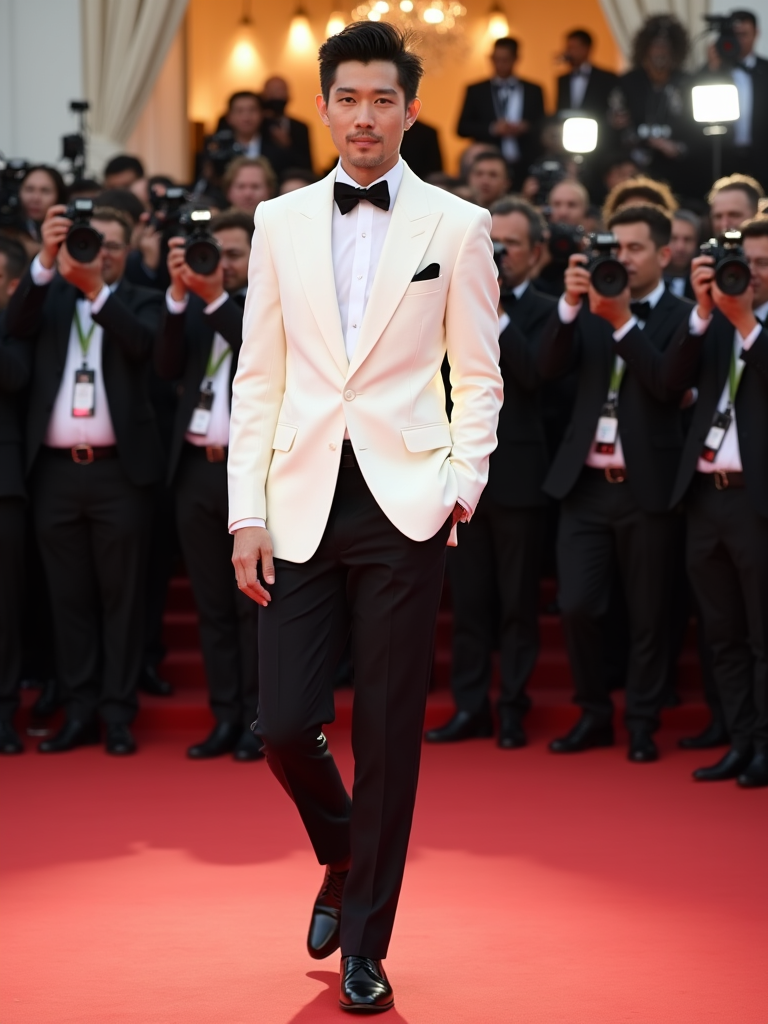 Full-body shot of a famous actor at the Cannes Film Festival, elegantly ...