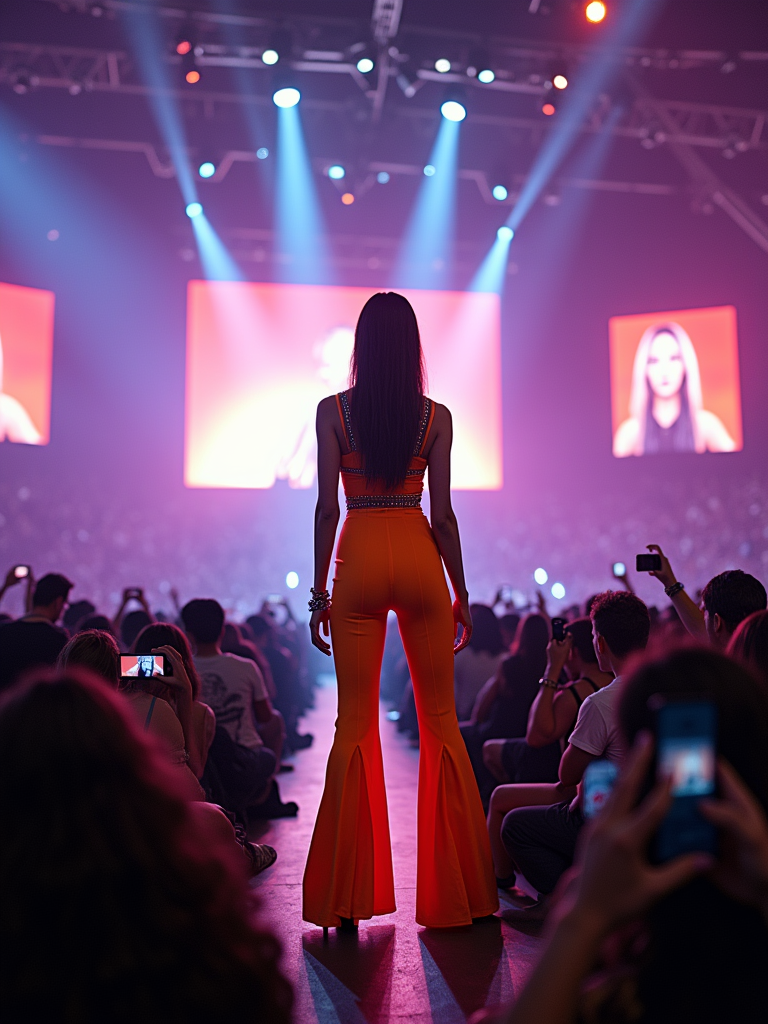 A famous rapper performing at a packed stadium concert, standing on a ...
