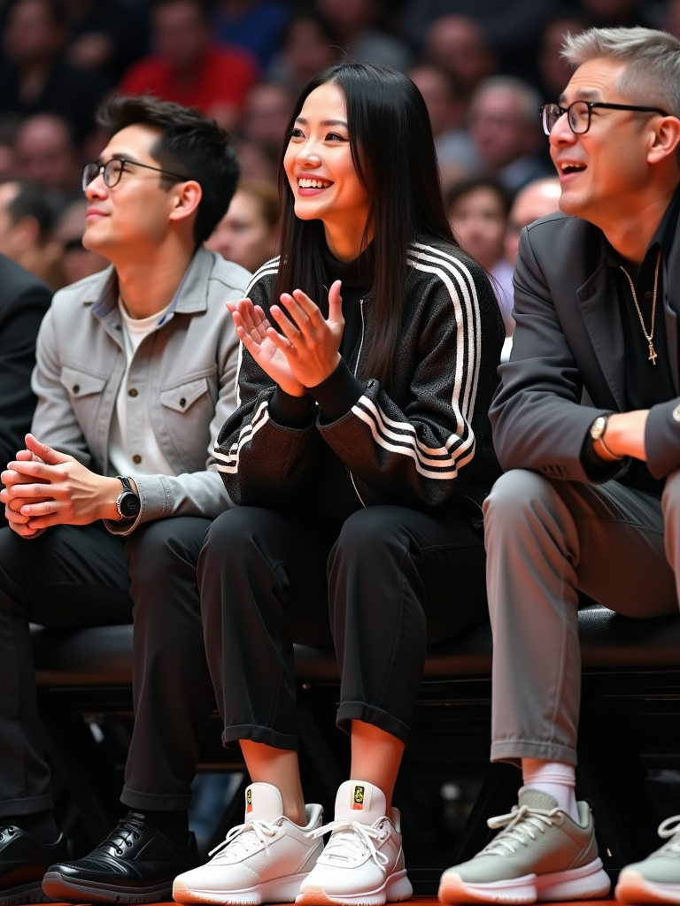 A celebrity attending a courtside NBA game, sitting in premium seats ...