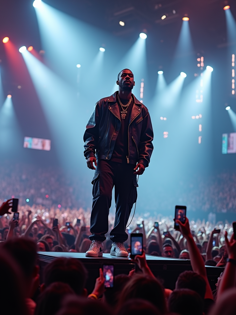 A famous rapper performing at a packed stadium concert, standing on a ...
