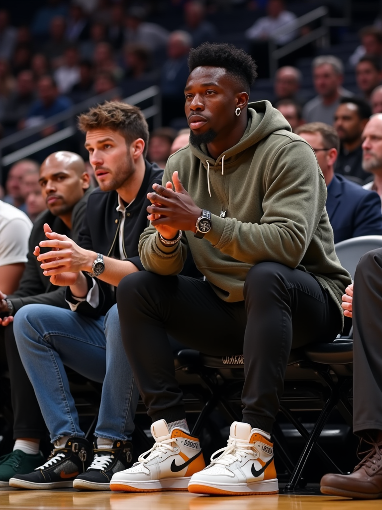 A celebrity attending a courtside NBA game, sitting in premium seats ...