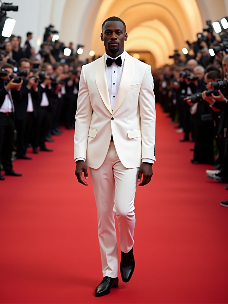 Full-body shot of a famous actor at the Cannes Film Festival, elegantly ...