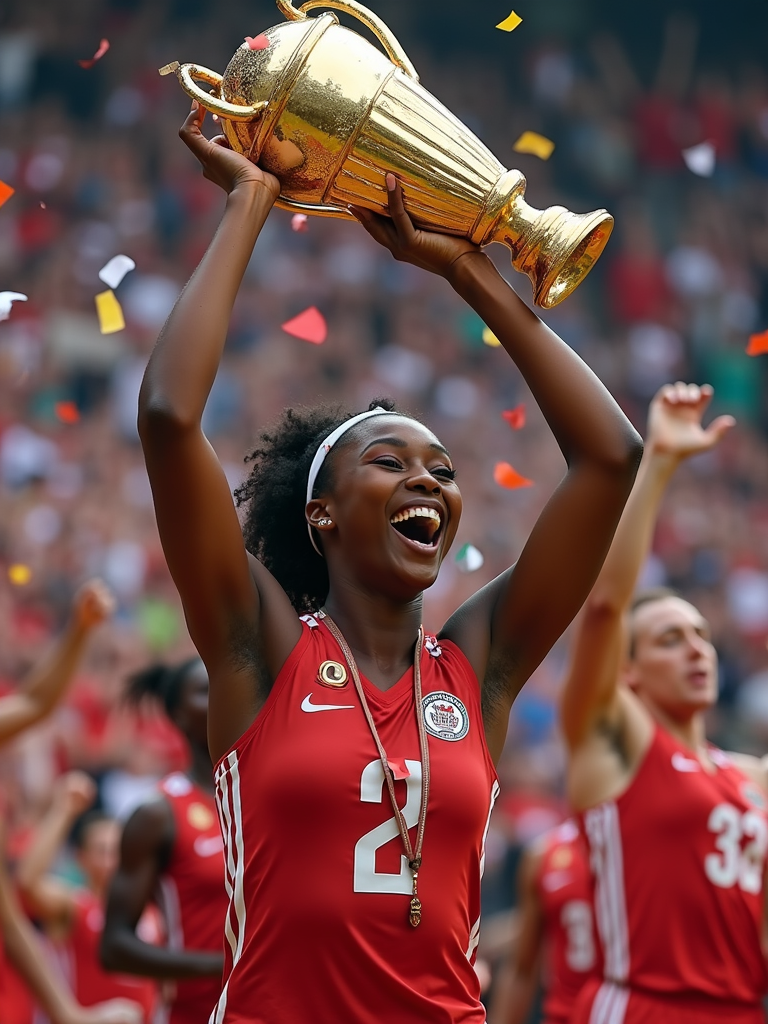 A famous athlete celebrating a championship victory, holding up a ...