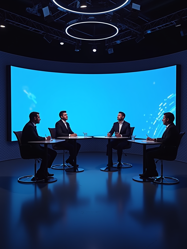 A TV news channel panel discussion setup. three experts—one media ...