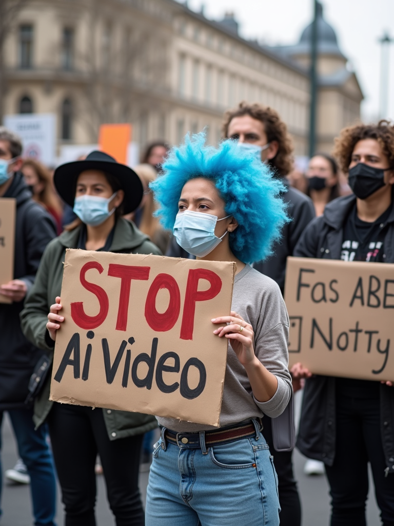 Group of protesters in casual clothes with face masks and blue hair ...