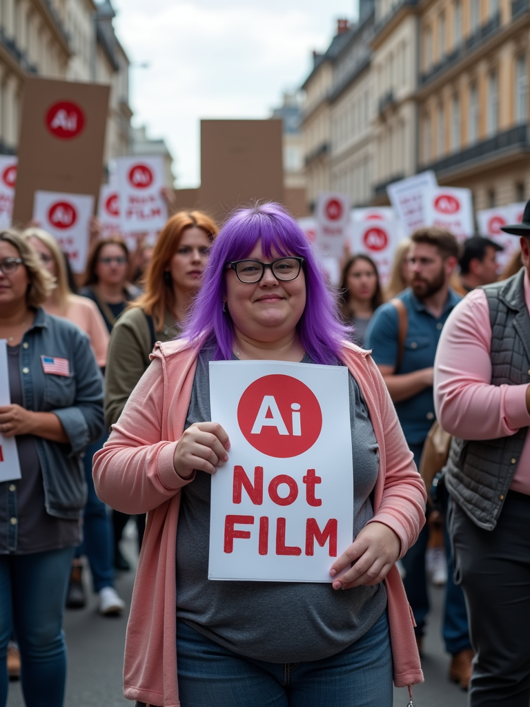 Group of obese fat protesters in casual clothes with purple hair ...