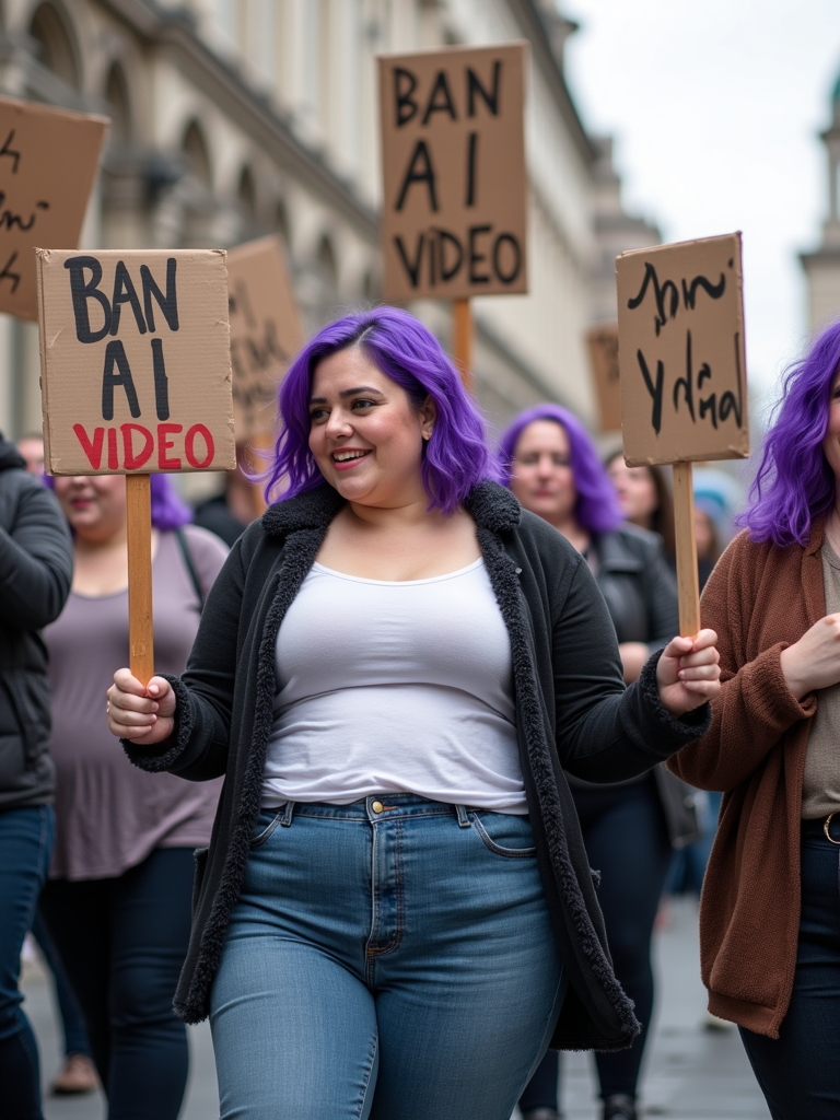 Group of obese fat protesters in casual clothes with purple hair ...