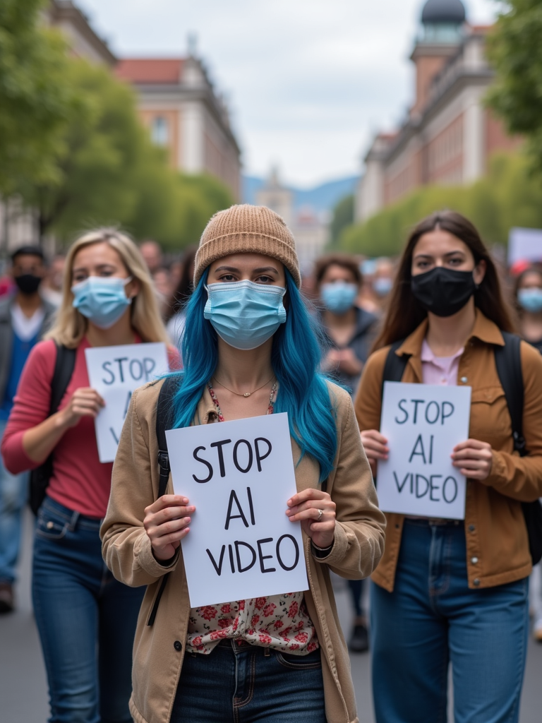 Group of protesters in casual clothes with face masks and blue hair ...