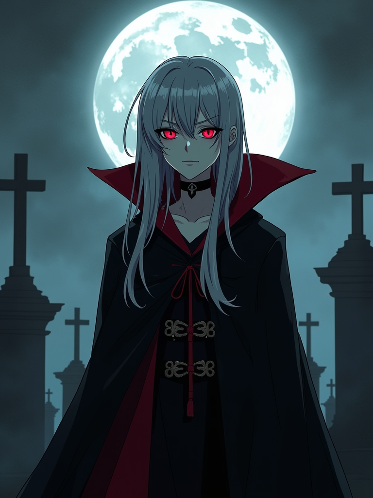 A gothic anime vampire avatar, with pale skin and piercing red eyes ...