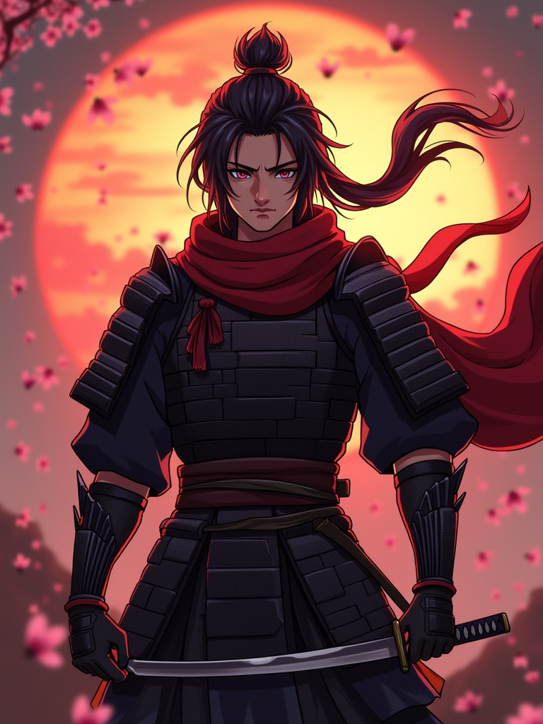 A powerful samurai anime avatar, holding a katana, wearing a dark ...