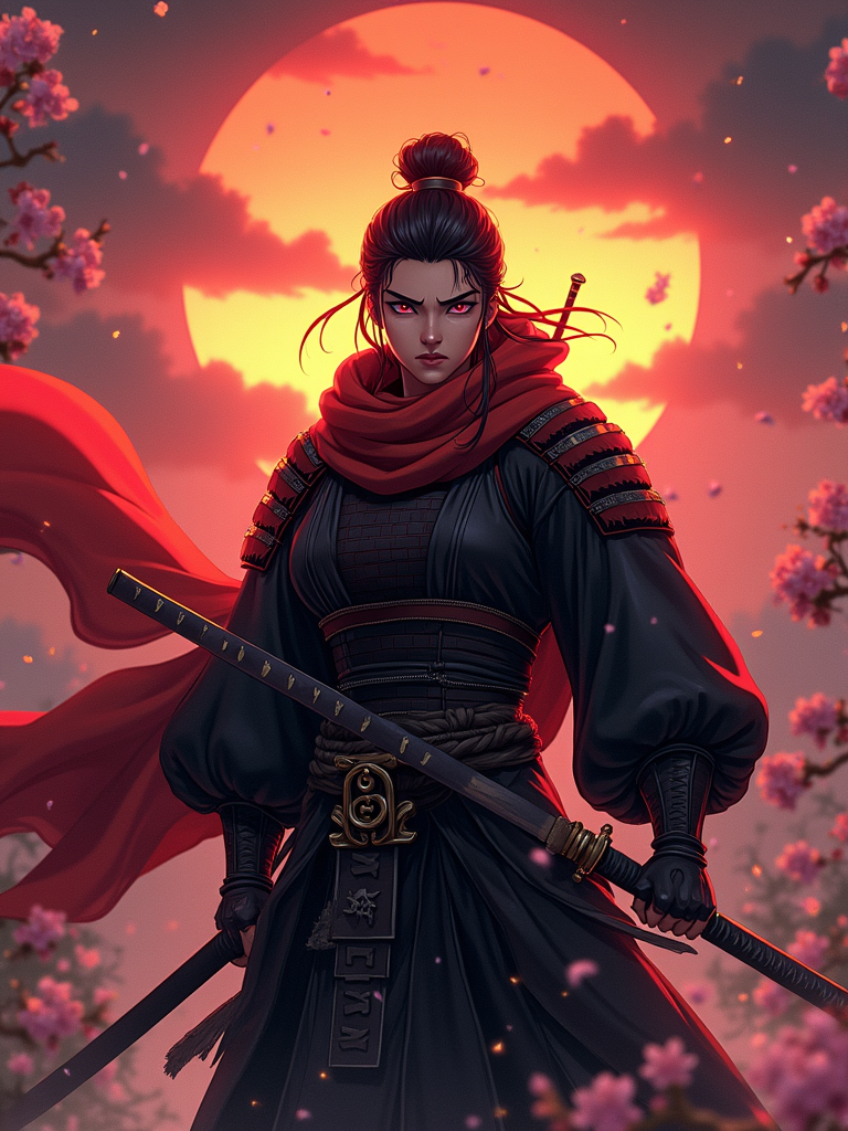 A powerful samurai anime avatar, holding a katana, wearing a dark ...