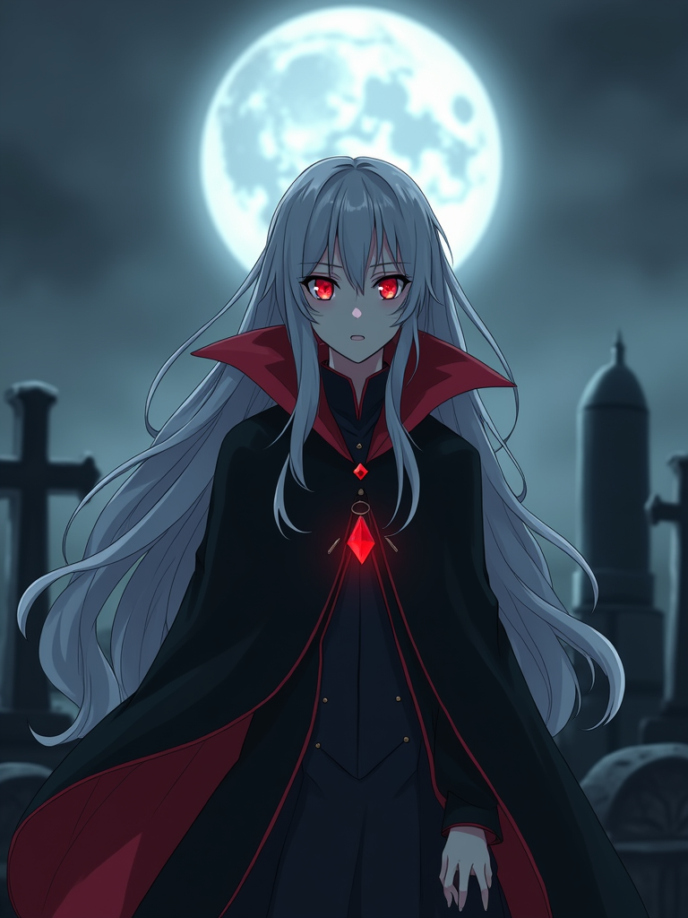 A gothic anime vampire avatar, with pale skin and piercing red eyes ...