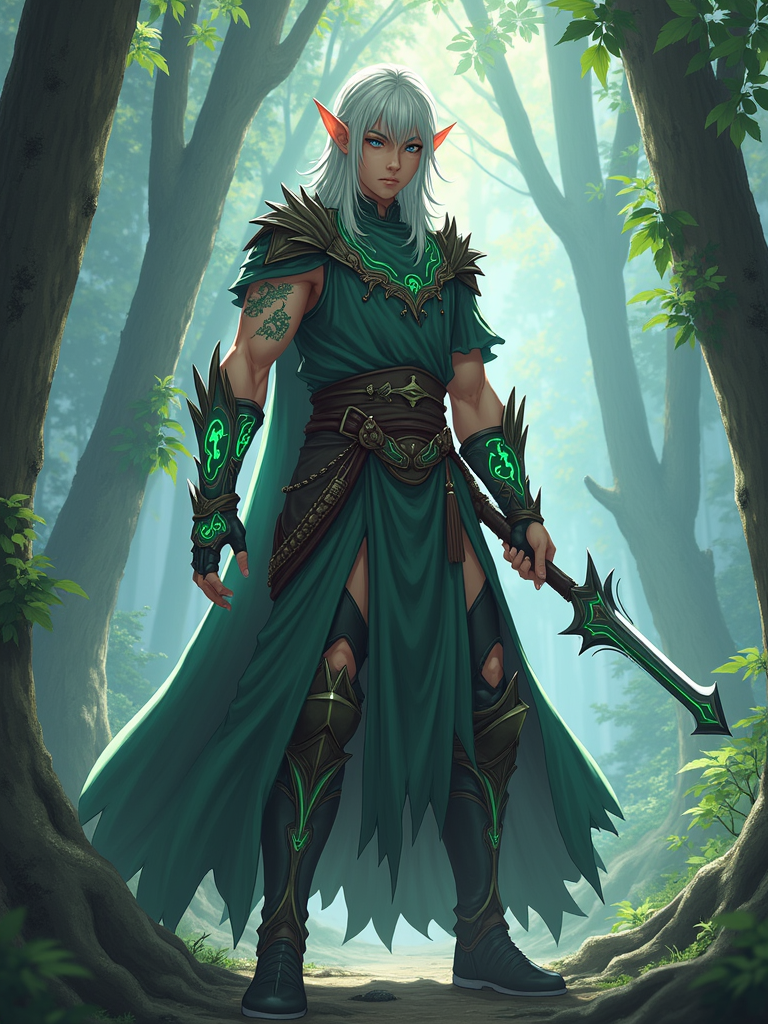 A mystical anime elf character, with pointed ears and glowing magical ...