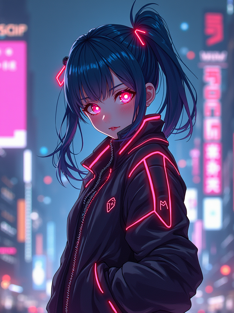 A cyberpunk anime-style character, with glowing neon elements, a cyber ...