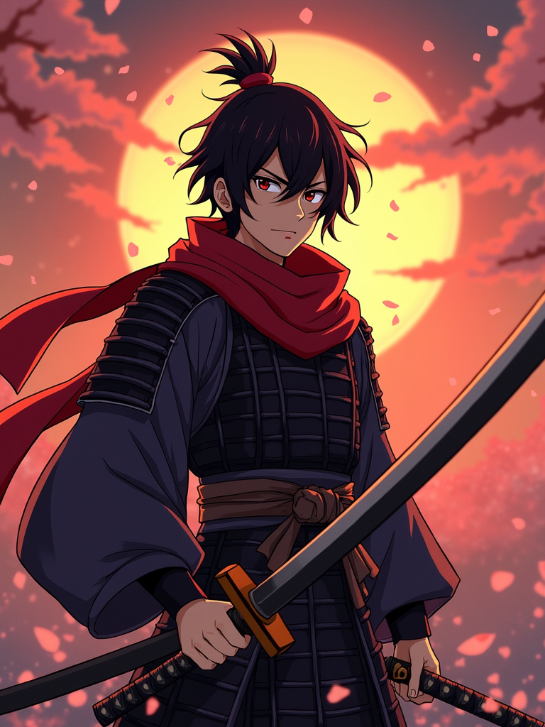 A powerful samurai anime avatar, holding a katana, wearing a dark ...