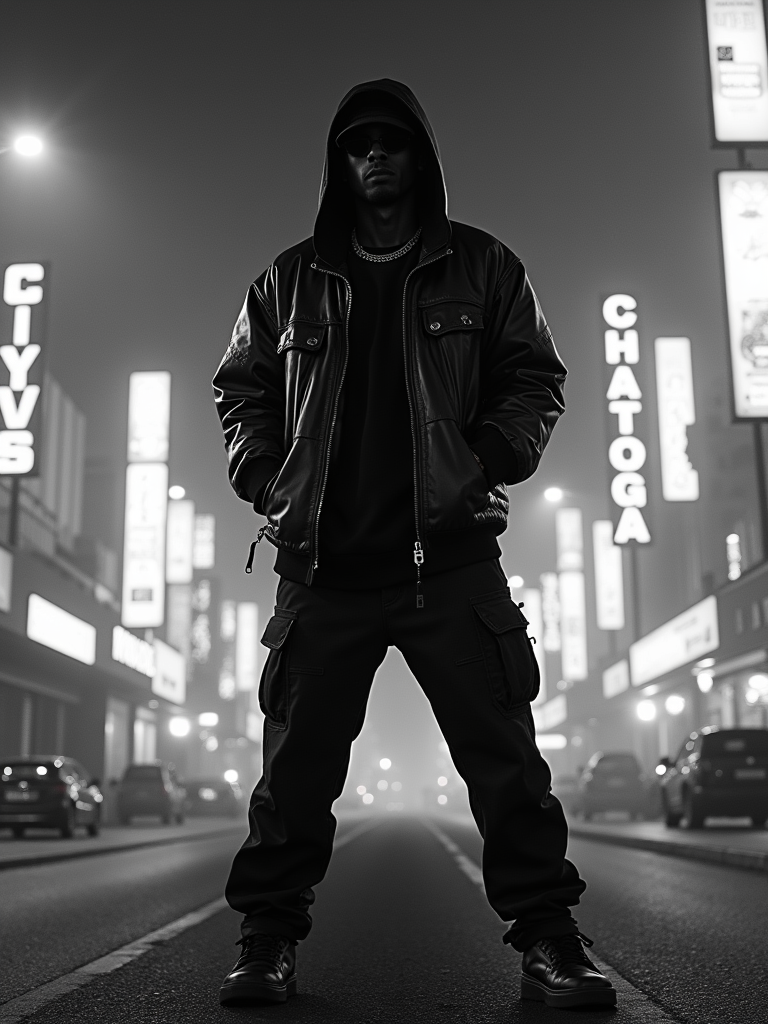 Black and white album cover, full body photo of Neon-lit 1990s rap ...