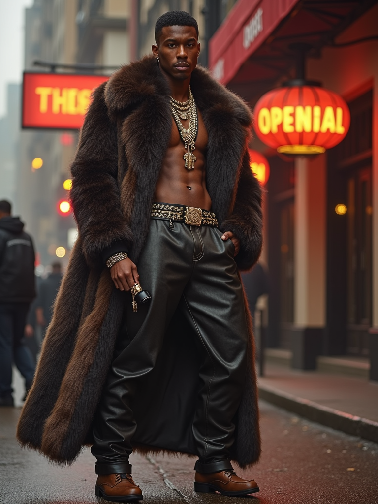 Full body photo of High-energy street 1990s rap photoshoot. Luxury fur ...